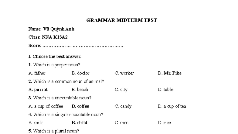 NPTA Grammar Midterm Test - Comprehensive Review and Answers - Studocu
