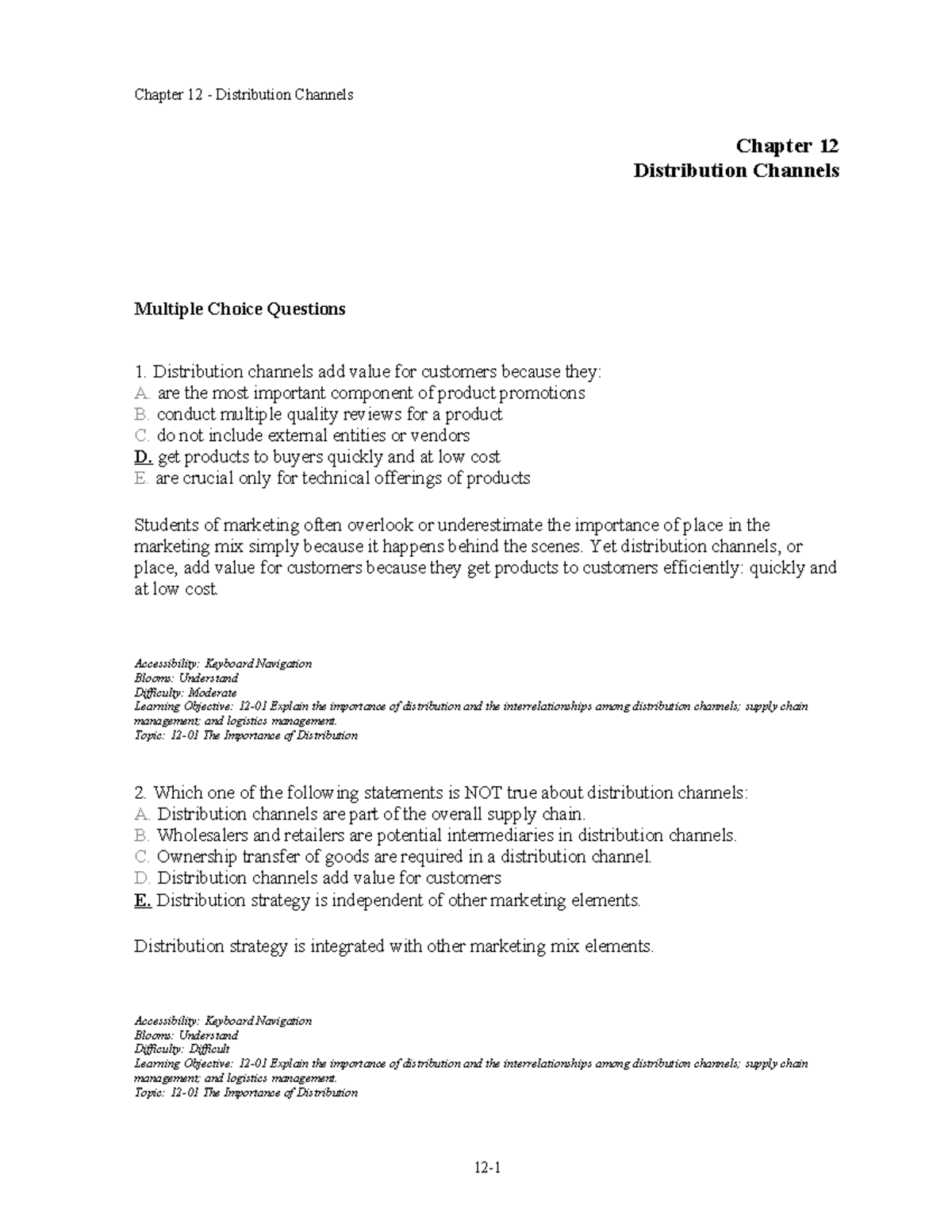 Chapter 12 Distribution Channels: MCQs and Key Concepts Review - Studocu