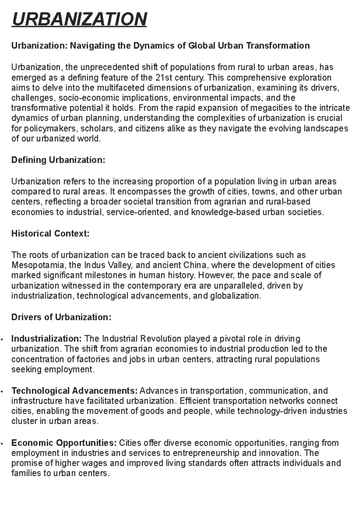 Understanding Urbanization: Drivers, Challenges & Future Impacts - Studocu