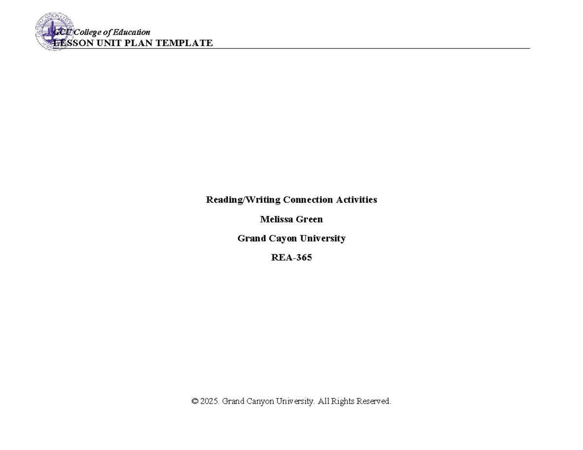 GCU REA 365 T6 Lesson Unit Plan: Reading & Writing Activities for K ...