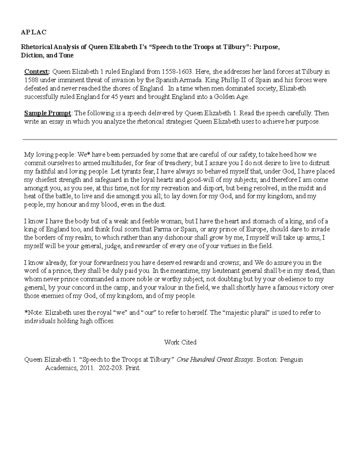 Rhetorical Analysis of Queen Elizabeth I’s Speech to Troops - AP LAC ...