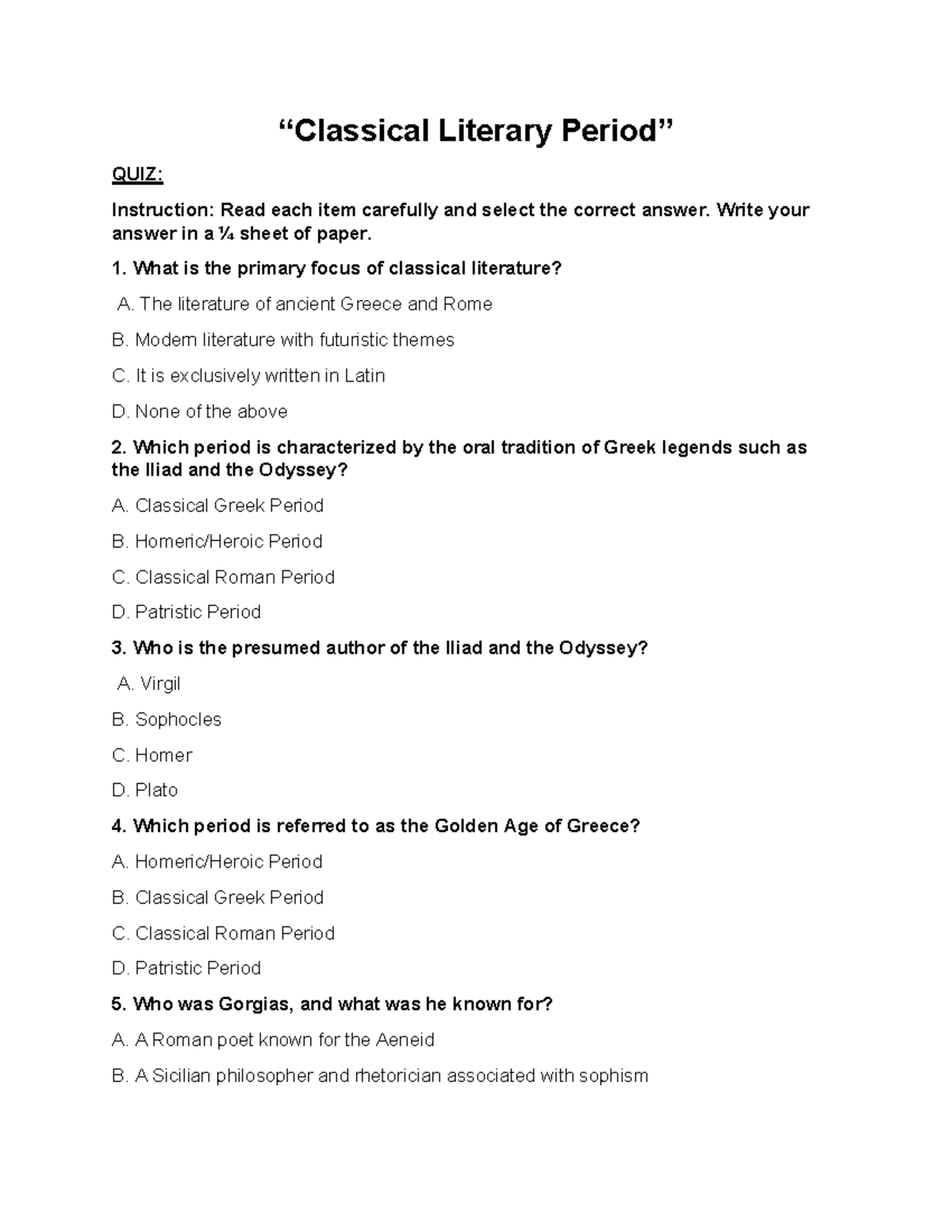Classical Literature QUIZ: Key Questions & Answers - Studocu
