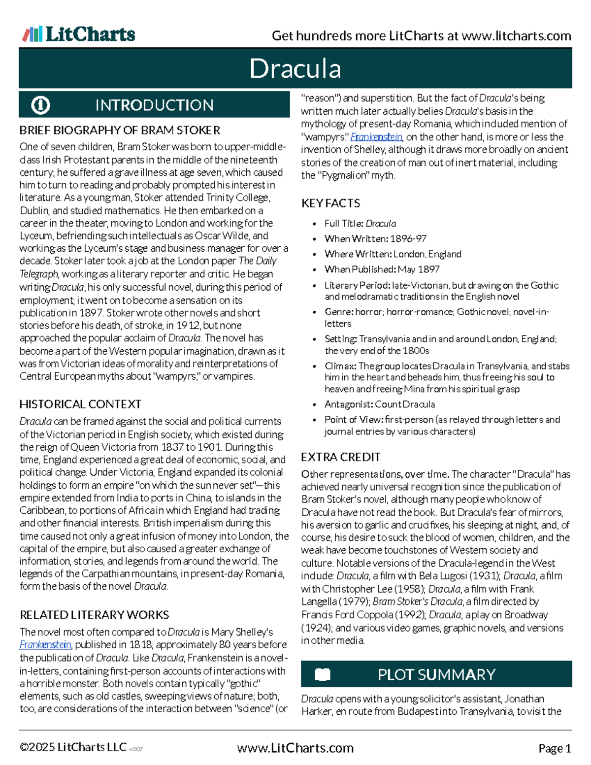 Dracula (INTR) - Comprehensive LitChart Study Guide and Analysis - Studocu
