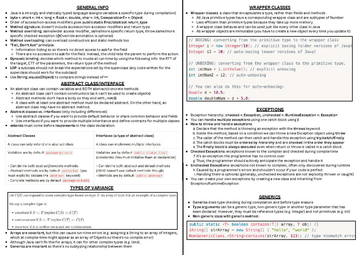 CS2030s Midterm Cheatsheet: Java Wrapper Classes & Exceptions - Studocu