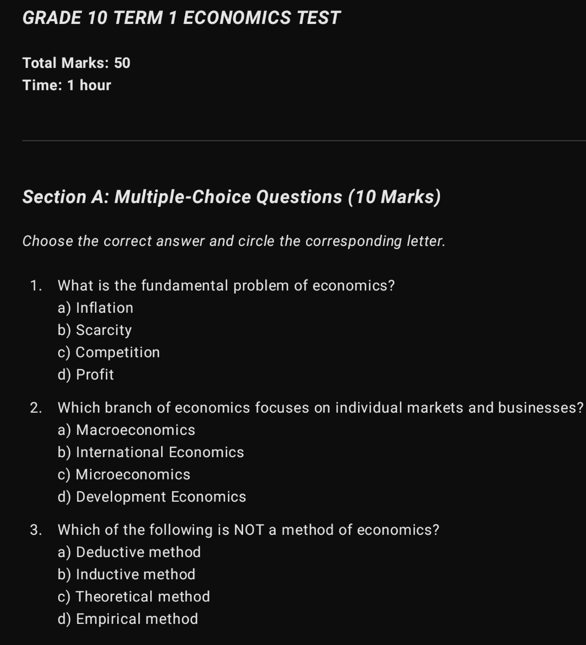 Grade 10 Term 1 Economics Test Review and Practice Questions - Studocu
