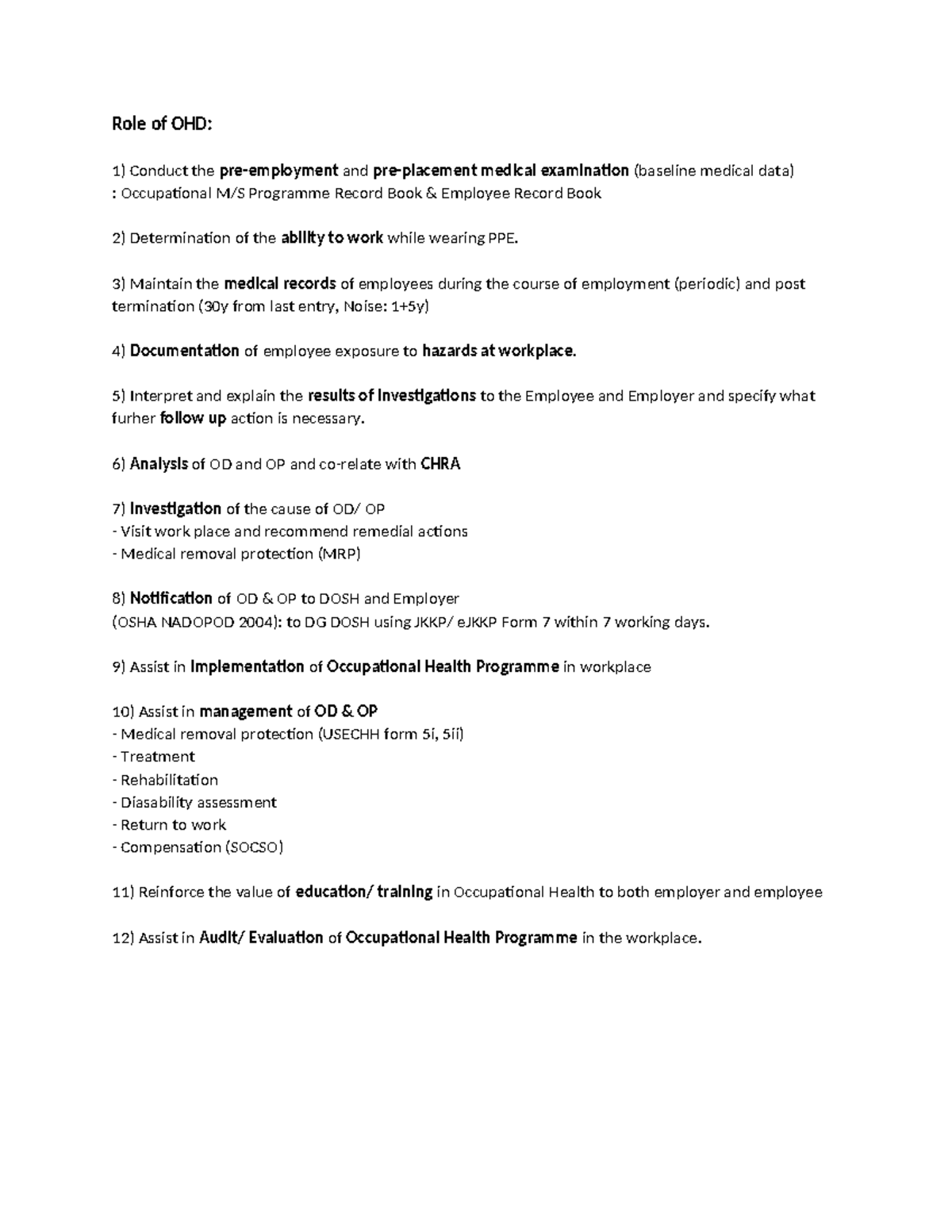 Role of OHD in Occupational Health: Key Responsibilities and Actions ...