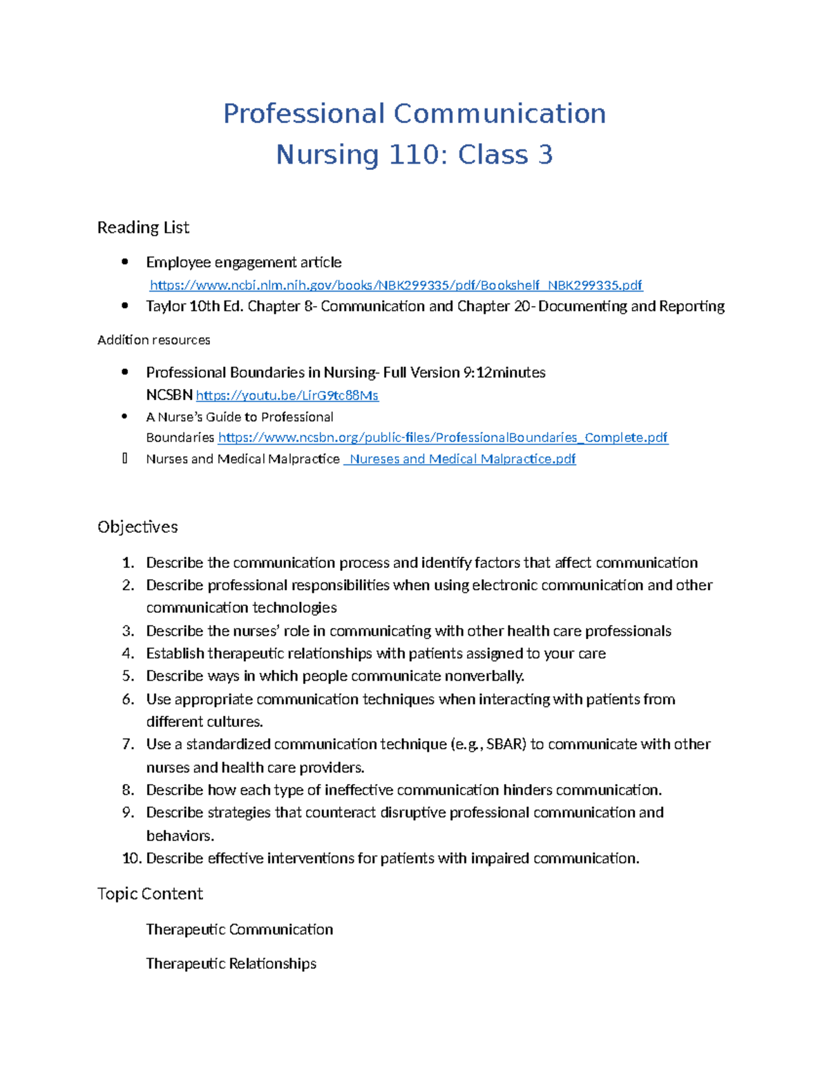 Nursing 110: Professional Communication & Therapeutic Relationships Overview - Studocu