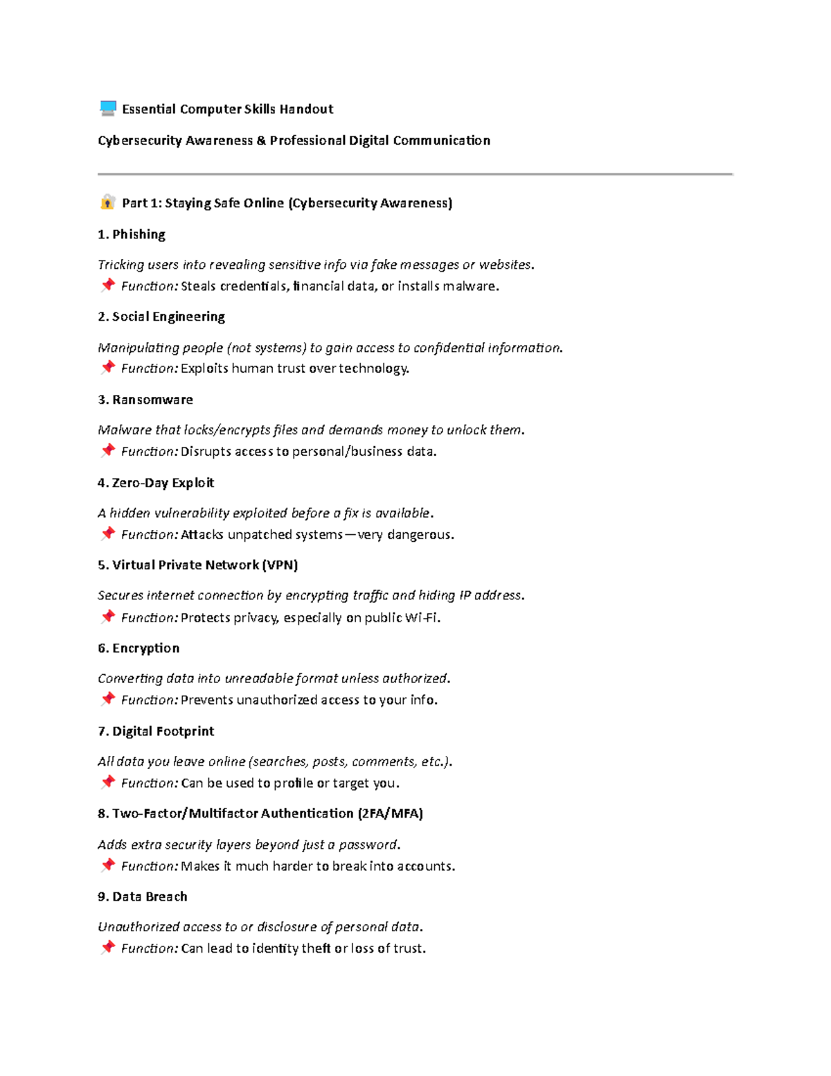 Cybersecurity Awareness & Digital Communication Skills Handout - Studocu
