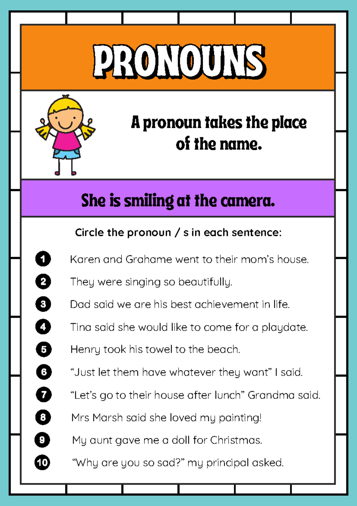 Pronouns English Worksheet in Colorful Grid Style - A pronoun takes the ...