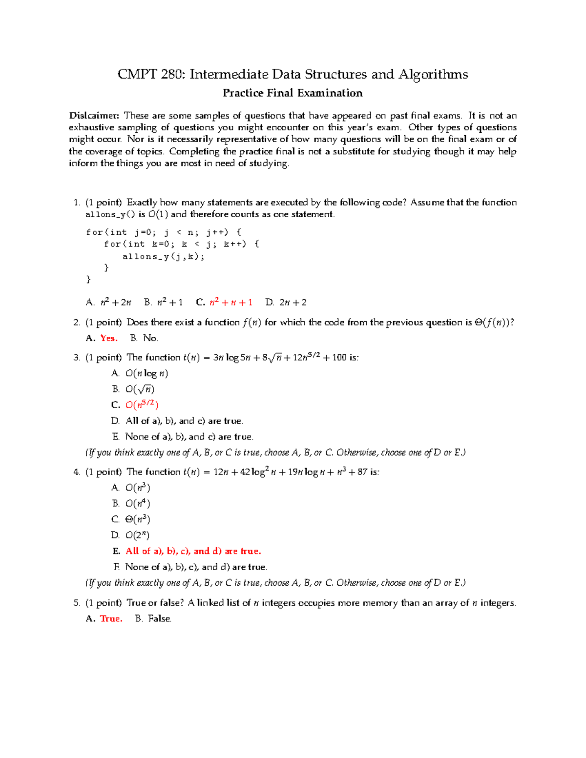 CMPT 280: Practice Final Exam Solutions for Data Structures - Studocu