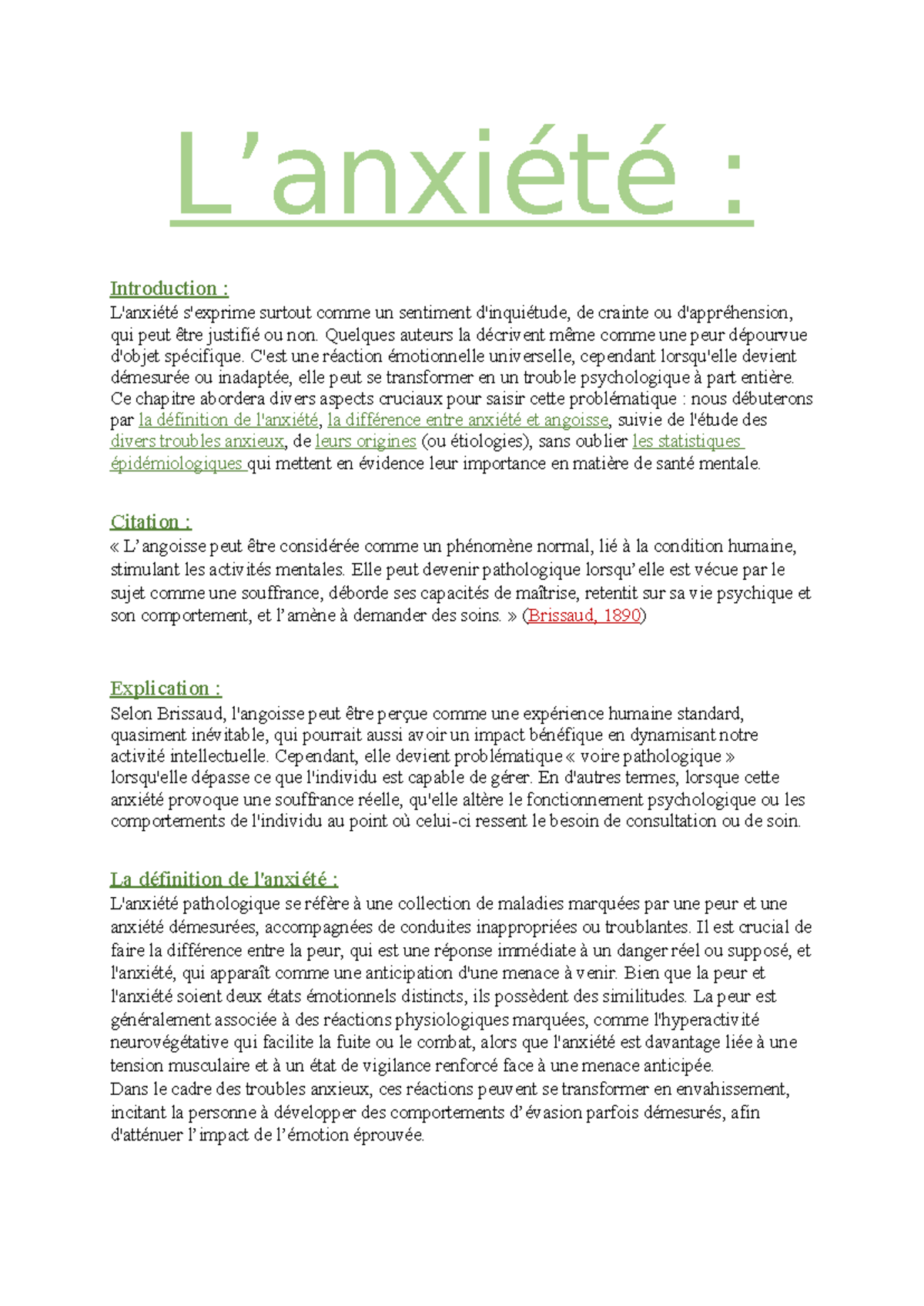 Anxiété 2 : Définitions et Types des Troubles Anxieux - Studocu
