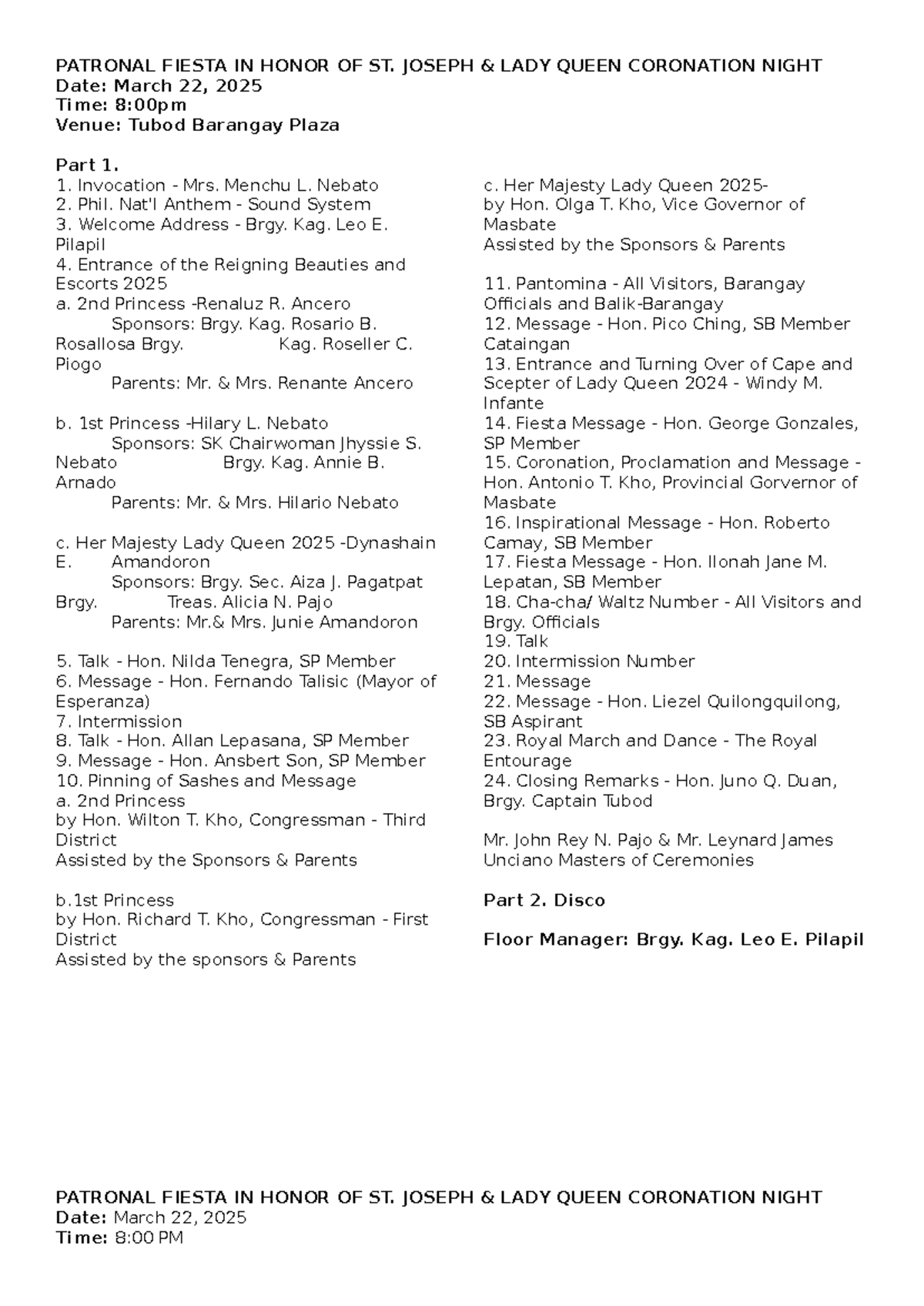 PATRONAL FIESTA & LADY QUEEN CORONATION NIGHT 2025 Program - Studocu