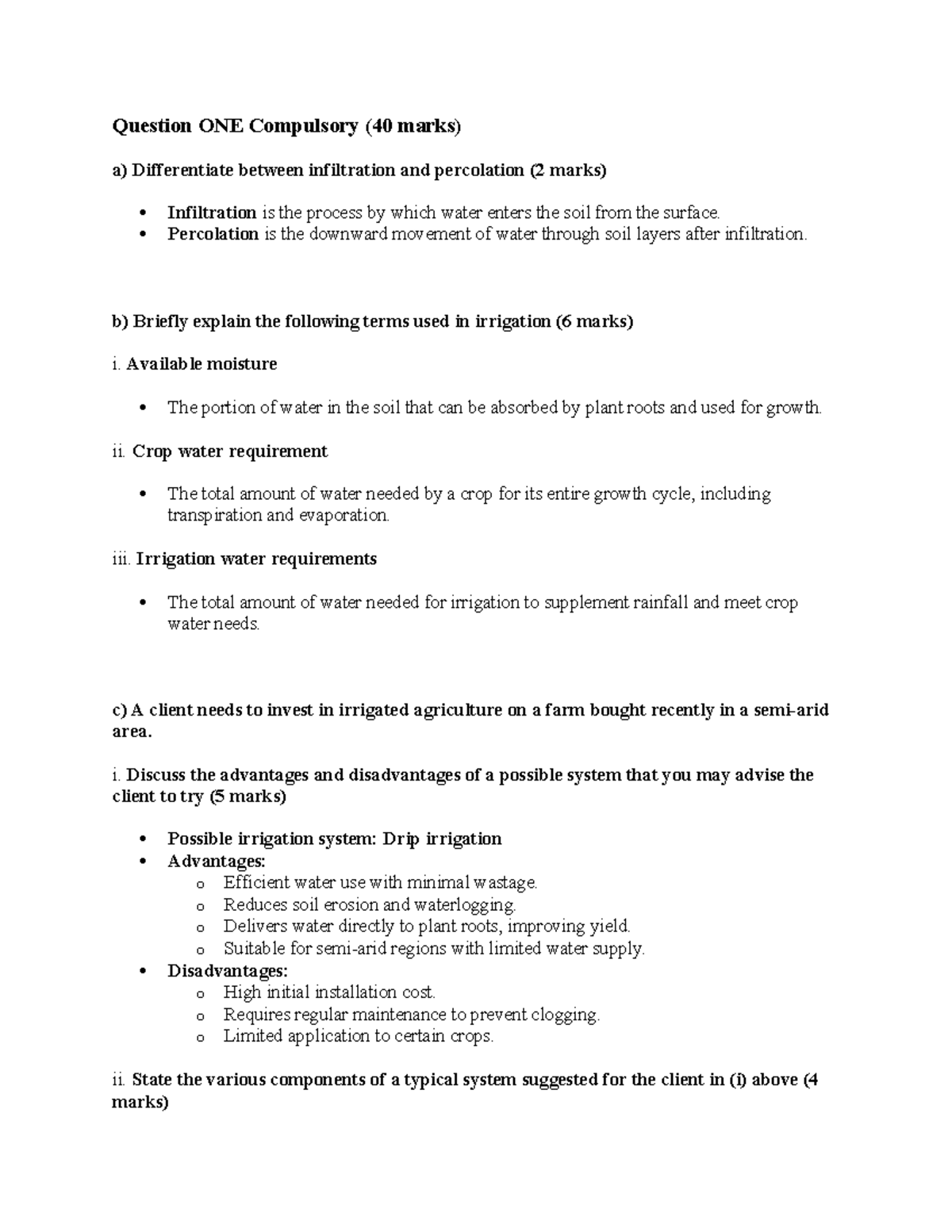Irrigation Systems Analysis: Question Three Solutions (40 Marks) - Studocu