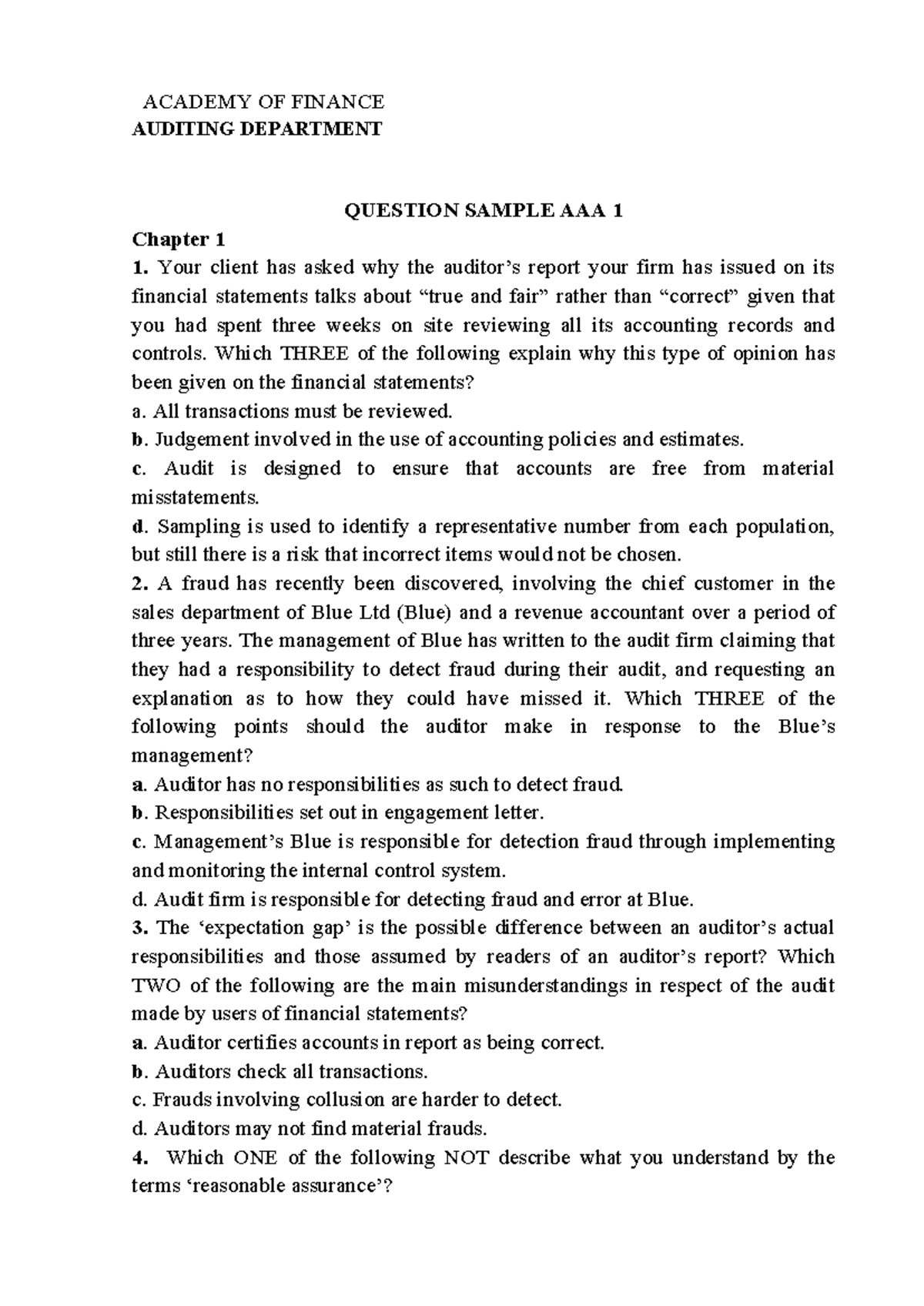 AAA 1 Auditing Department Sample Questions: Chapters 1-5 - Studocu