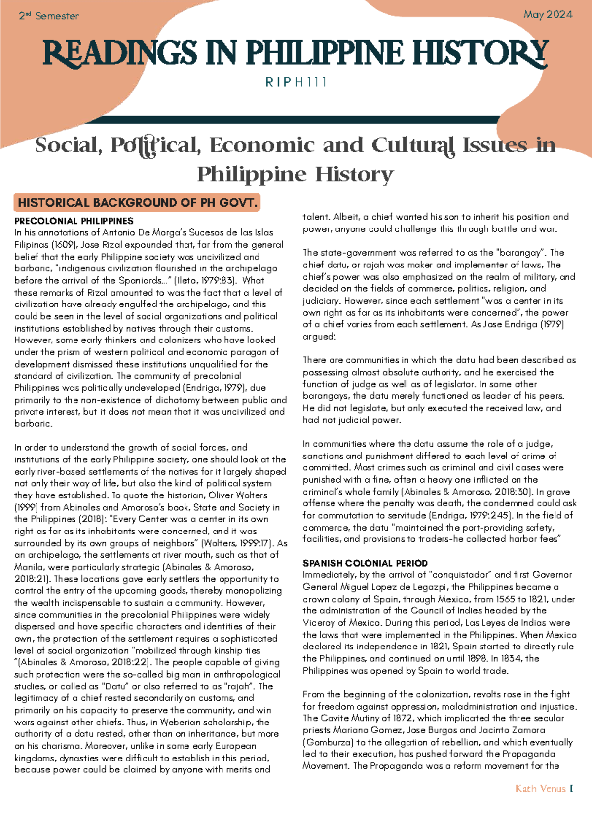 HIST 101: Social, Political, Economic & Cultural Issues in PH History ...