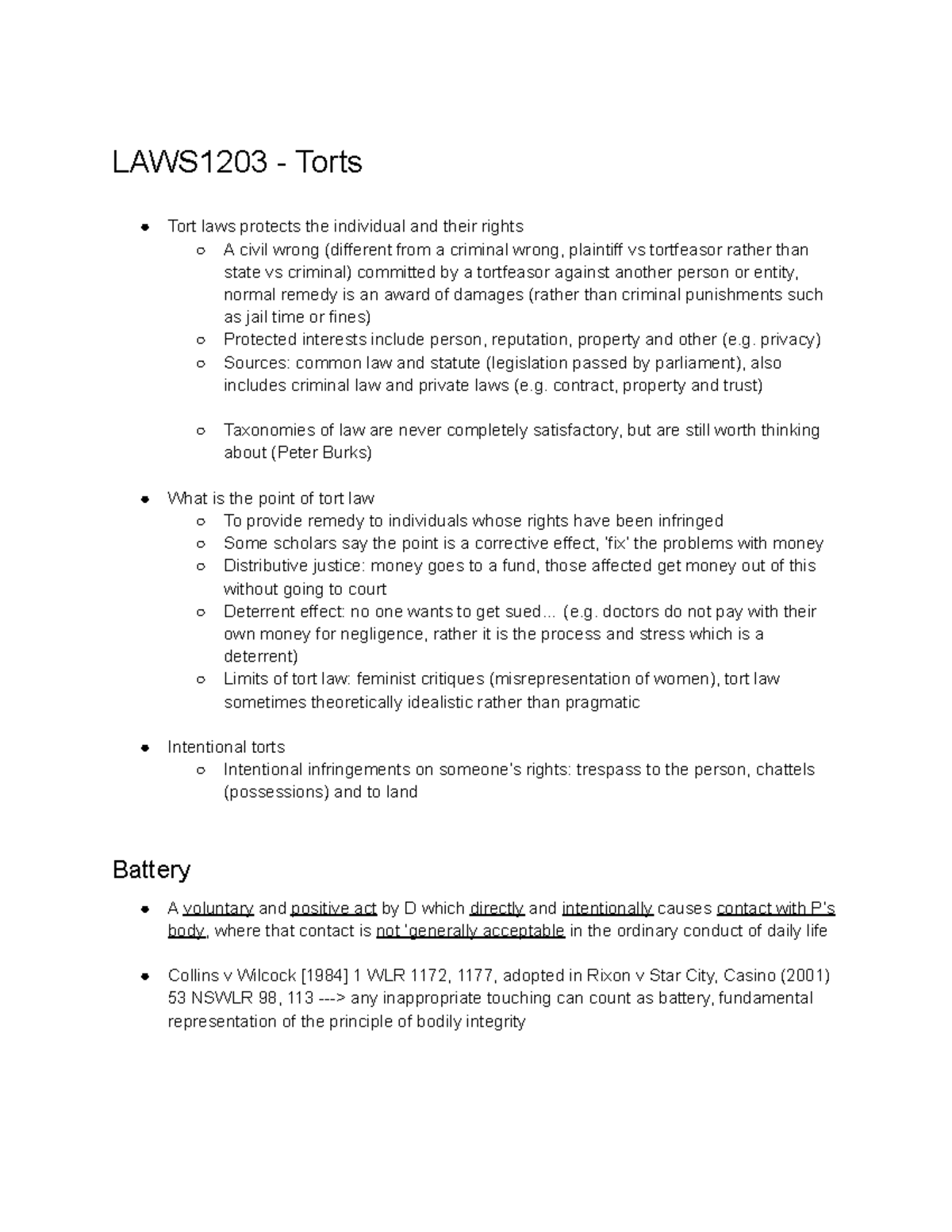 LAWS1203 Torts - Comprehensive Course Notes on Tort Law Principles ...
