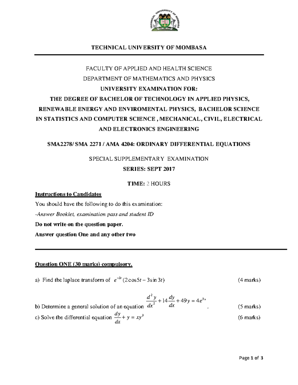 SMA 2271 AMA 4204: Ordinary Differential Equations Exam Notes - Studocu