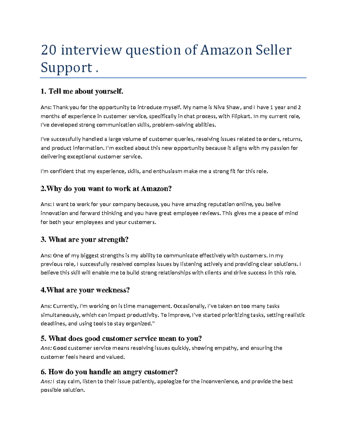 20 Interview Questions for Amazon Seller Support Role - Studocu
