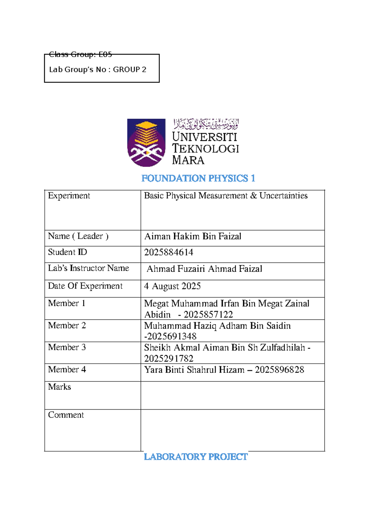 Lab Report: PHY094 Foundation Physics 1 - Experiment on Measurement - Studocu