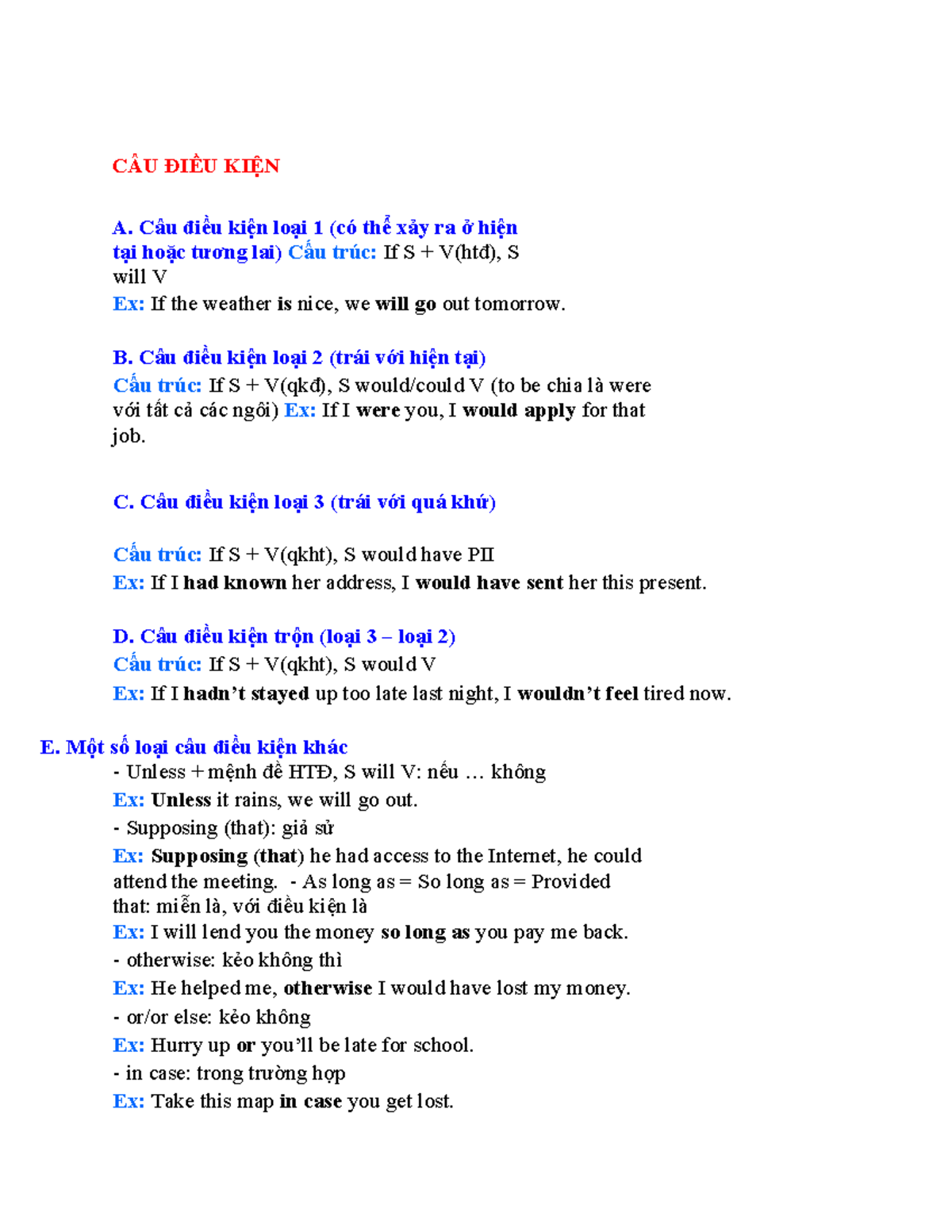 CÂU ĐIỀU KIỆN LOẠI 1, 2, 3 VÀ CÁC BÀI TẬP THỰC HÀNH - Studocu