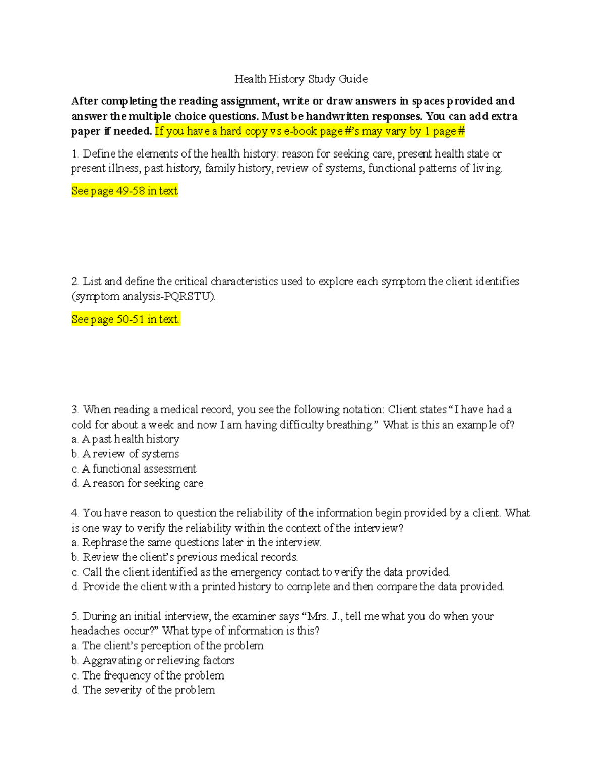 Health History Wksheet - Health History Study Guide After completing ...