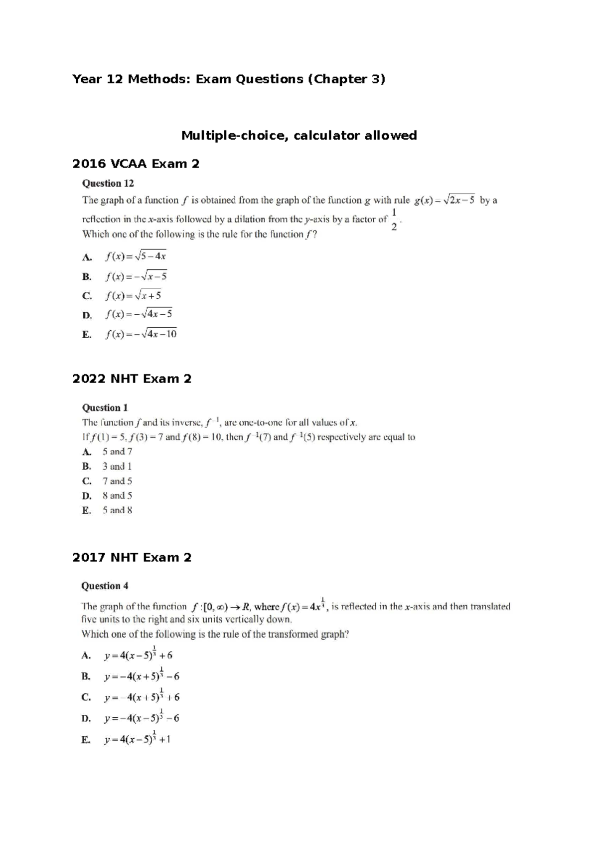 Ch3 Exam Qs - practice exam qs - Year 12 Methods: Exam Questions ...