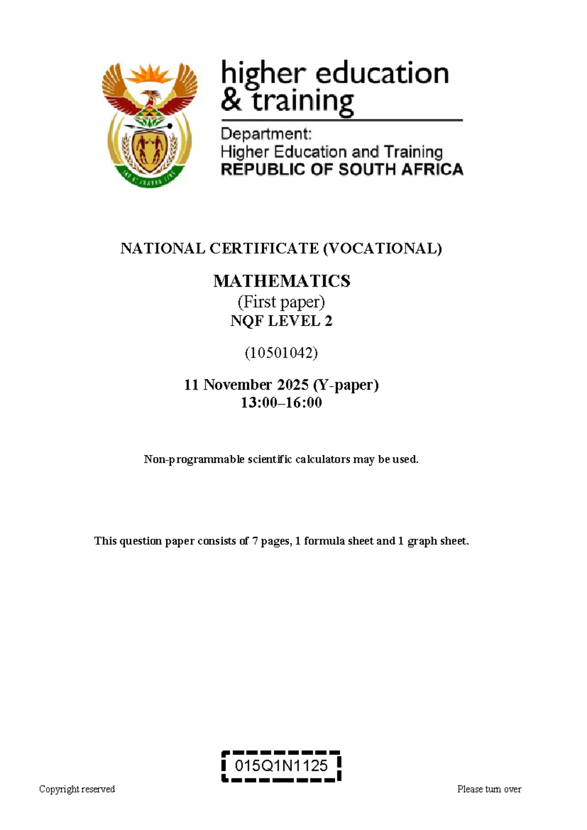 NC2050 - Mathematics NQF Level 2 First Paper Exam QP Nov 2025 - Studocu