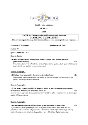 Official Gr 12 English Home Language P1 Memo - JUNE EXAMINATION GRADE 12 2024 MARKING GUIDELINES ...