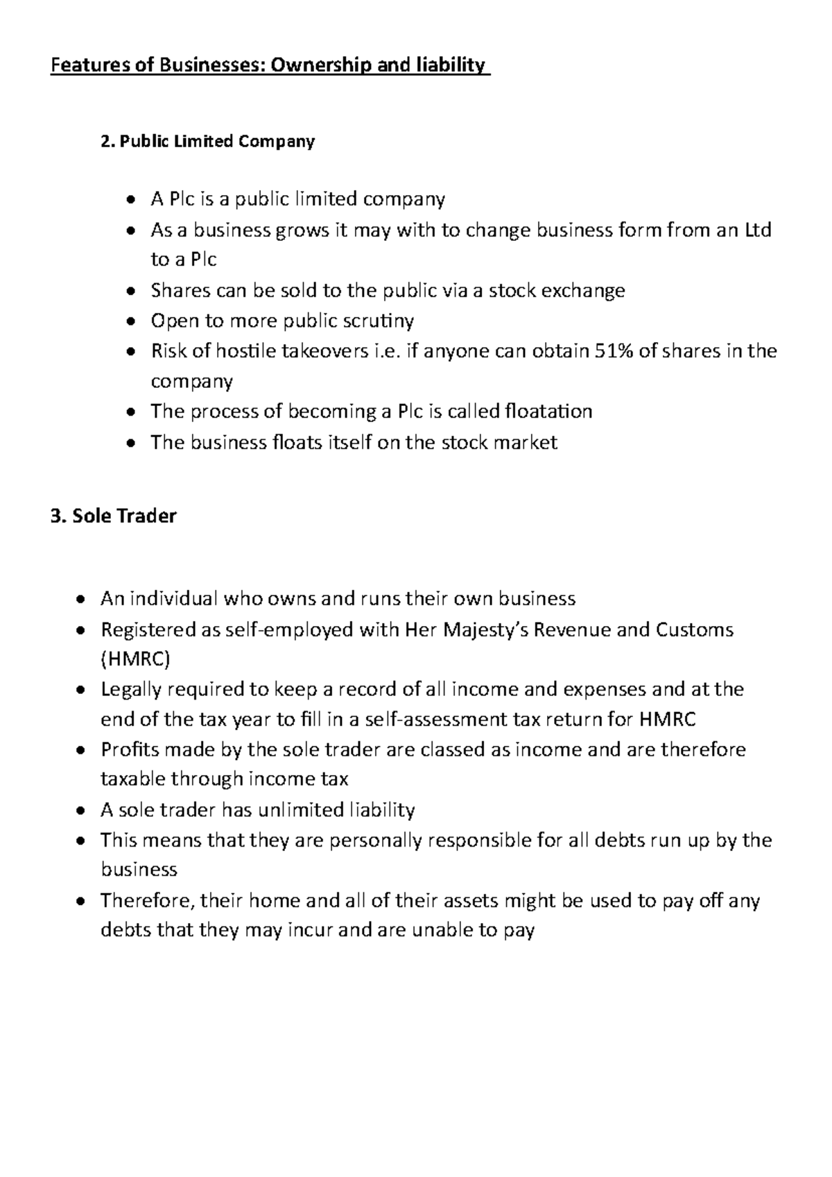 Features of Businesses: Ownership and Liability Insights - Studocu