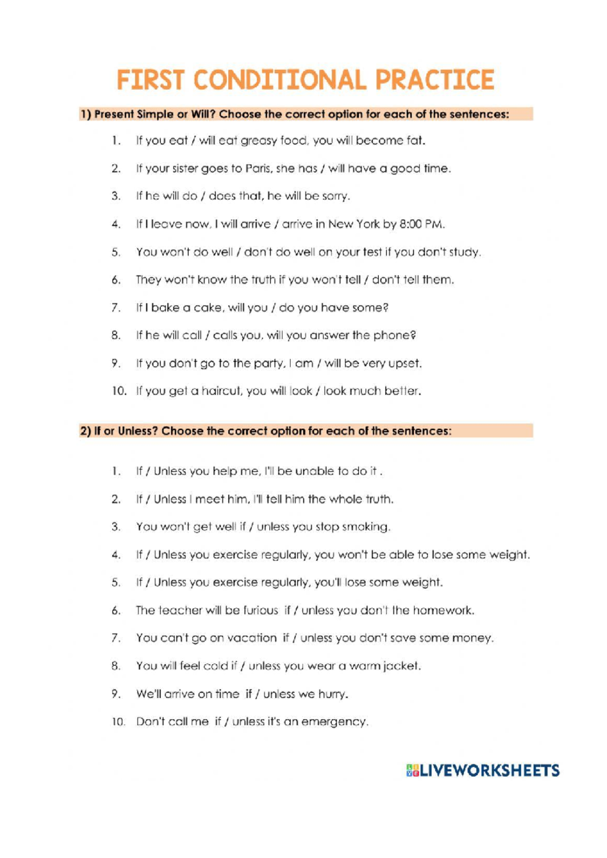 FIRST CONDITIONAL PRACTICE WORKSHEET - ESL EXERCISES - Studocu