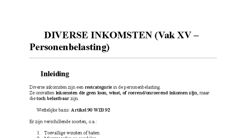 Diverse Inkomsten in Personenbelasting (Vak XV) - Uitleg en Voorbeelden ...
