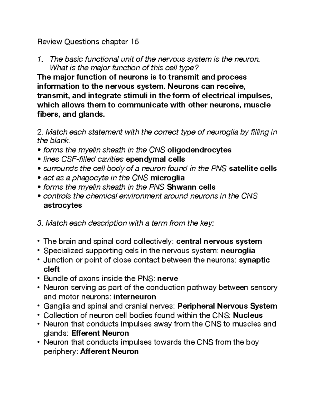 Chapter 15 Review Questions on Neurons and Neuroglia - Studocu