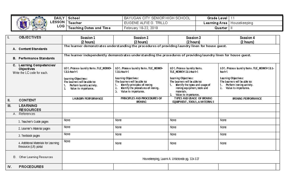DLL-14 Housekeeping Services NCII Lesson Plan and Teacher Log - Studocu