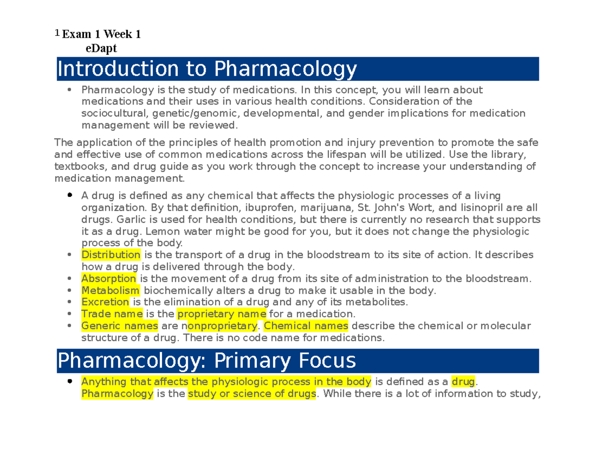 Week 1 Exam Notes: Introduction to Pharmacology (eDapt) - Studocu
