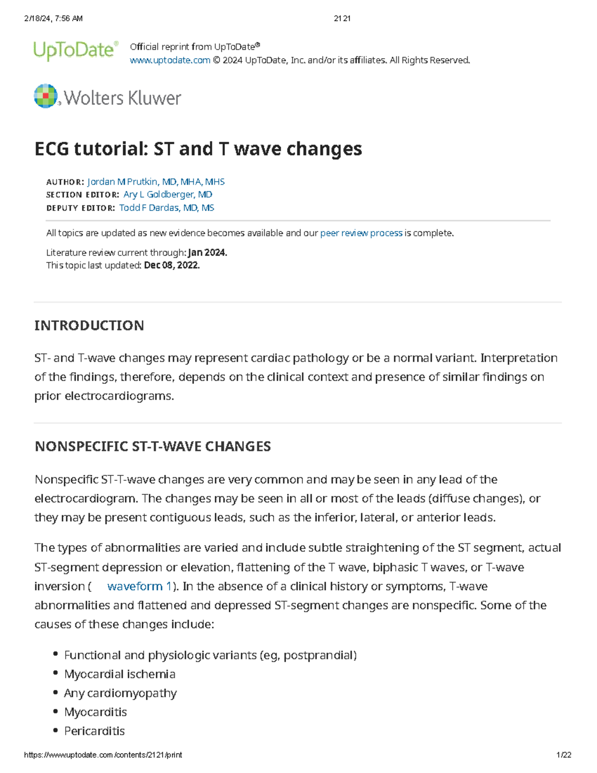 ECG Principles: ST and T Wave Changes - Course 2121 - Studocu