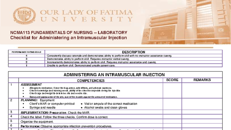 NCMA113 Final Exam Checklist for Administering IM Injections - Studocu