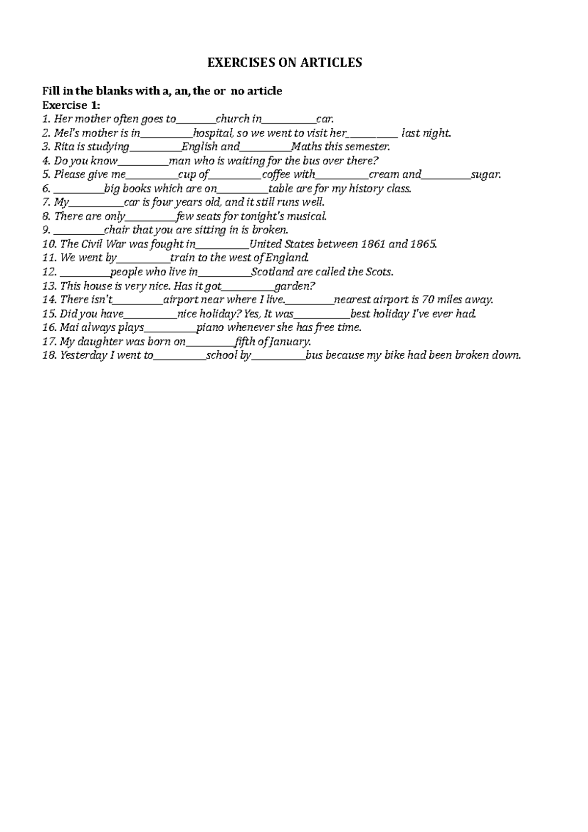 Exercises-ON- Articles - EXERCISES ON ARTICLES Fill in the blanks with ...