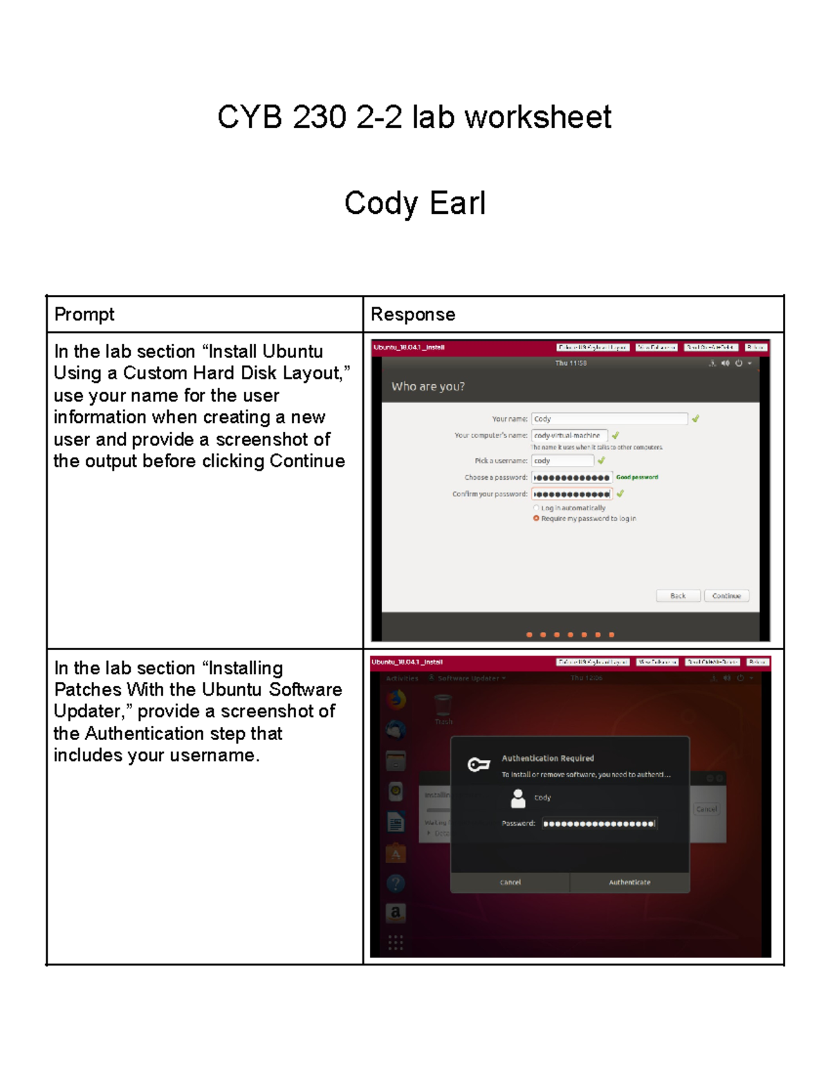 CYB 230 2-2 Lab Worksheet: Ubuntu Installation & Data Backup - Studocu