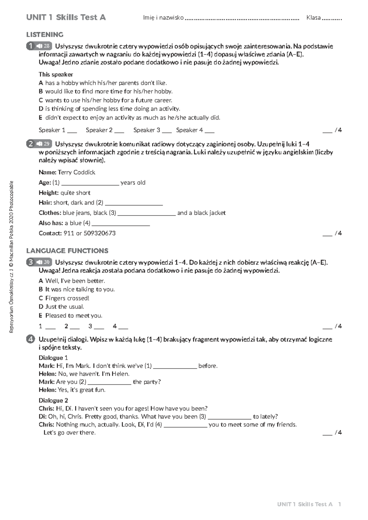 UNIT 1 Skills Test A - Listening & Reading Assessment - Studocu