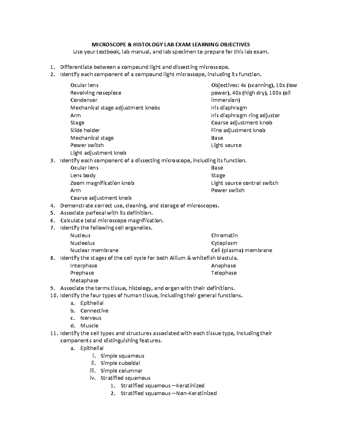 BIO 101 Microscope & Histology Lab Exam Study Guide - Studocu
