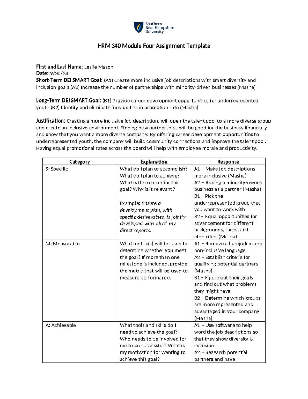 HRM 340 Module Four Assignment: DEI SMART Goals Development Template ...