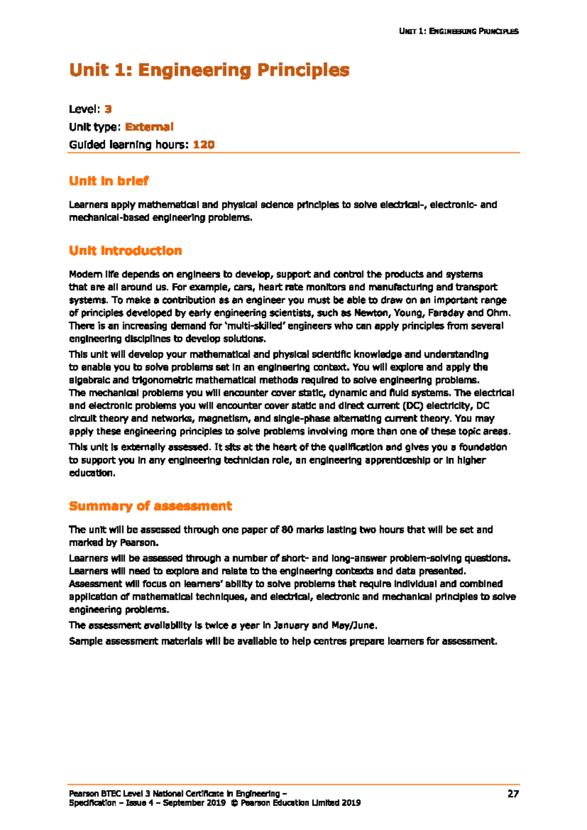 BTEC Level 3 Unit 1: Engineering Principles Overview and Assessment ...
