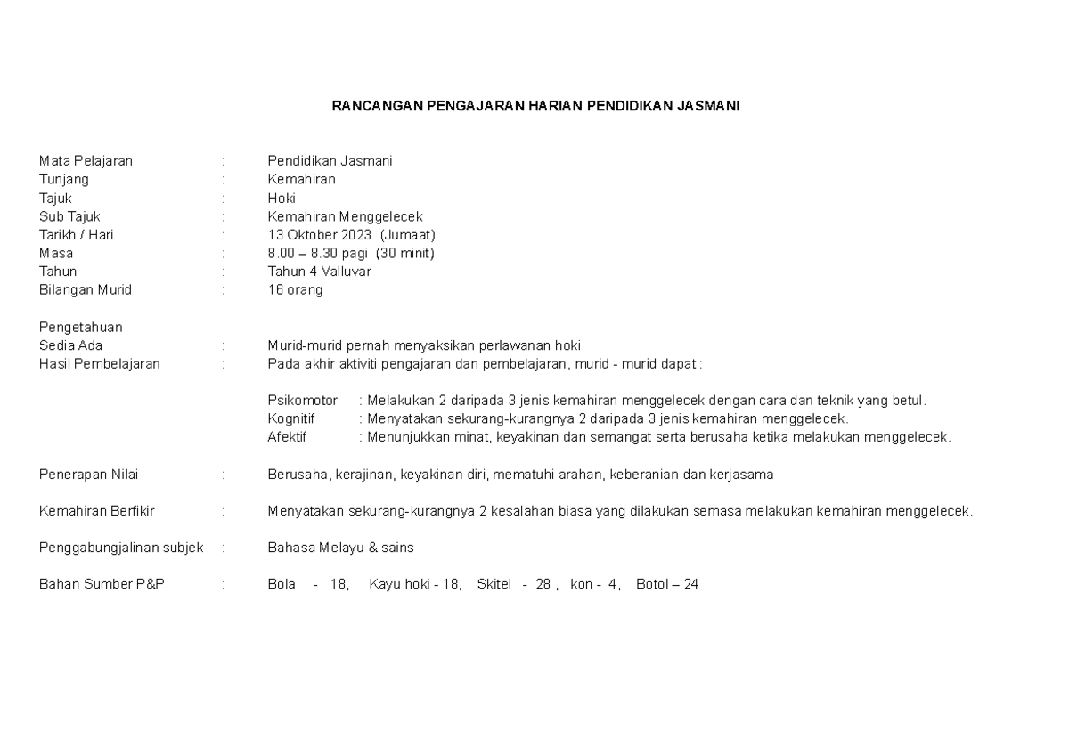 RPH PJ Hoki Tahun 4: Kemahiran Menggelecek dan Pentaksiran - Studocu