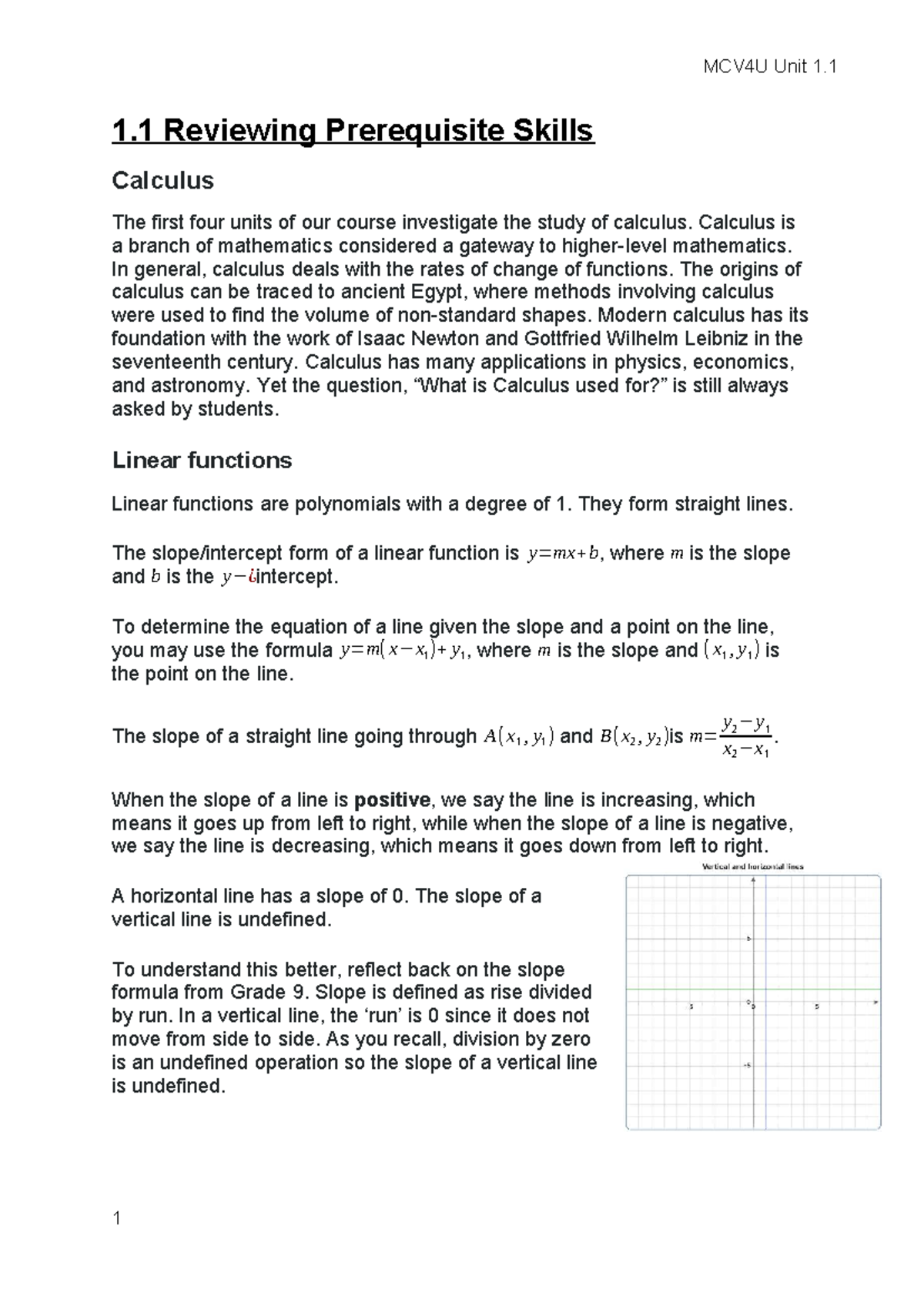 MCV4U Unit 1.1 Calculus: Reviewing Prerequisite Skills and Functions ...