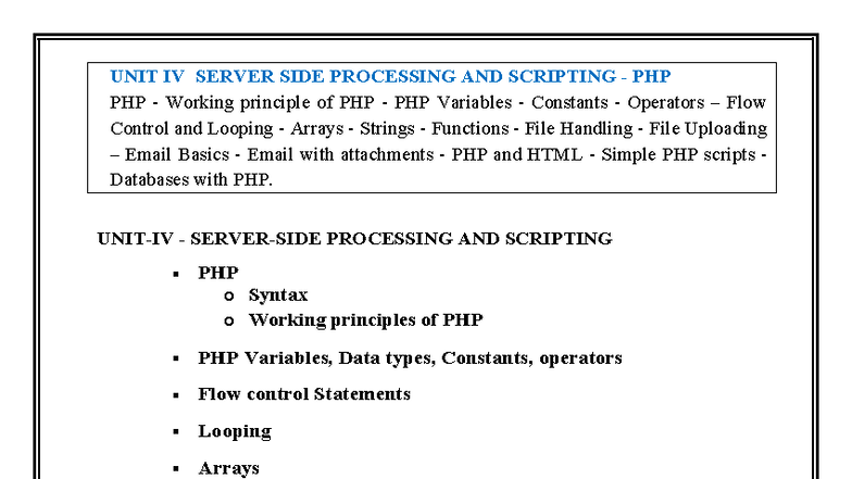UNIT IV: PHP Server-Side Processing & Scripting - Key Concepts & Q&A - Studocu
