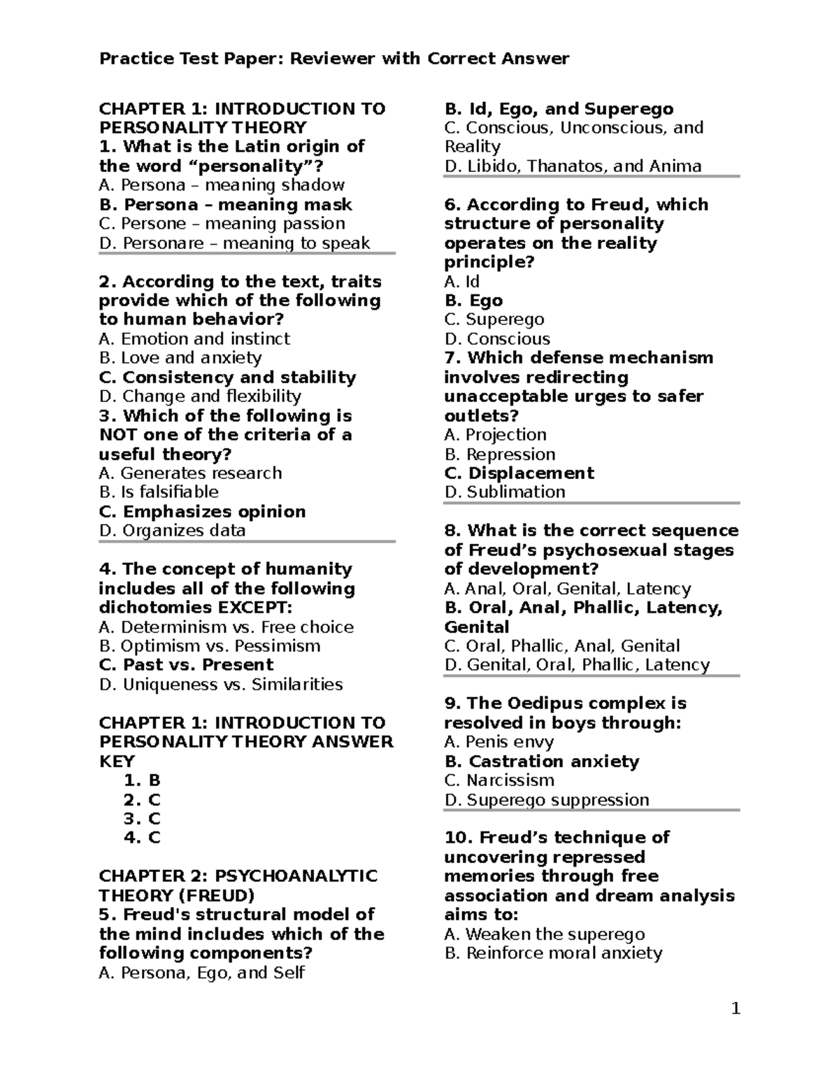 Practice Test Paper: Personality Theory Review with Answers (CH 1-9 ...