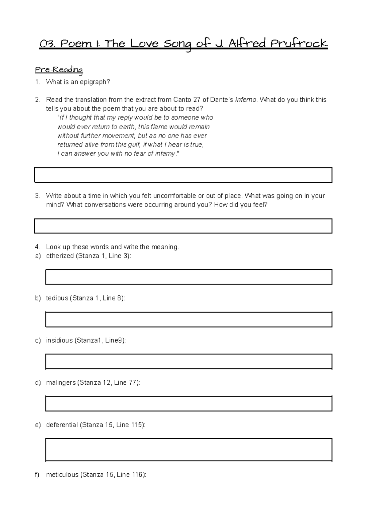 Prufrock - Intro to Ts eliot worksheet - 03. Poem 1: The Love Song of J ...