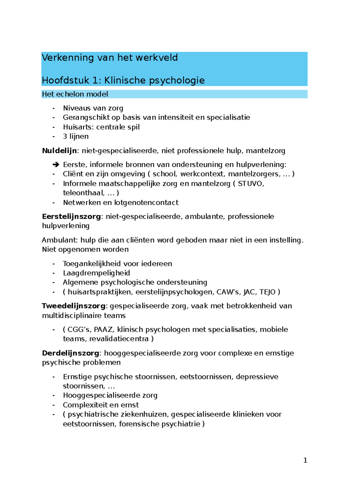 Verkenning van het werkveld in de Klinische Psychologie - Hoofdstuk 1 ...