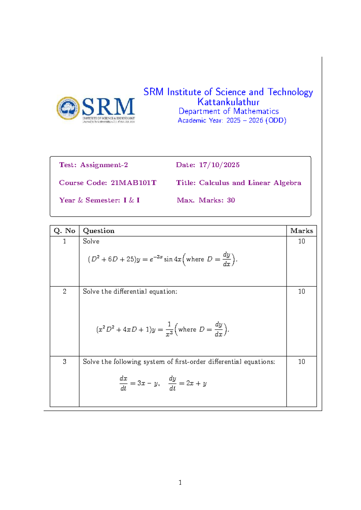 Assignment 2 MAB101 - revision - SRM Institute of Science and ...
