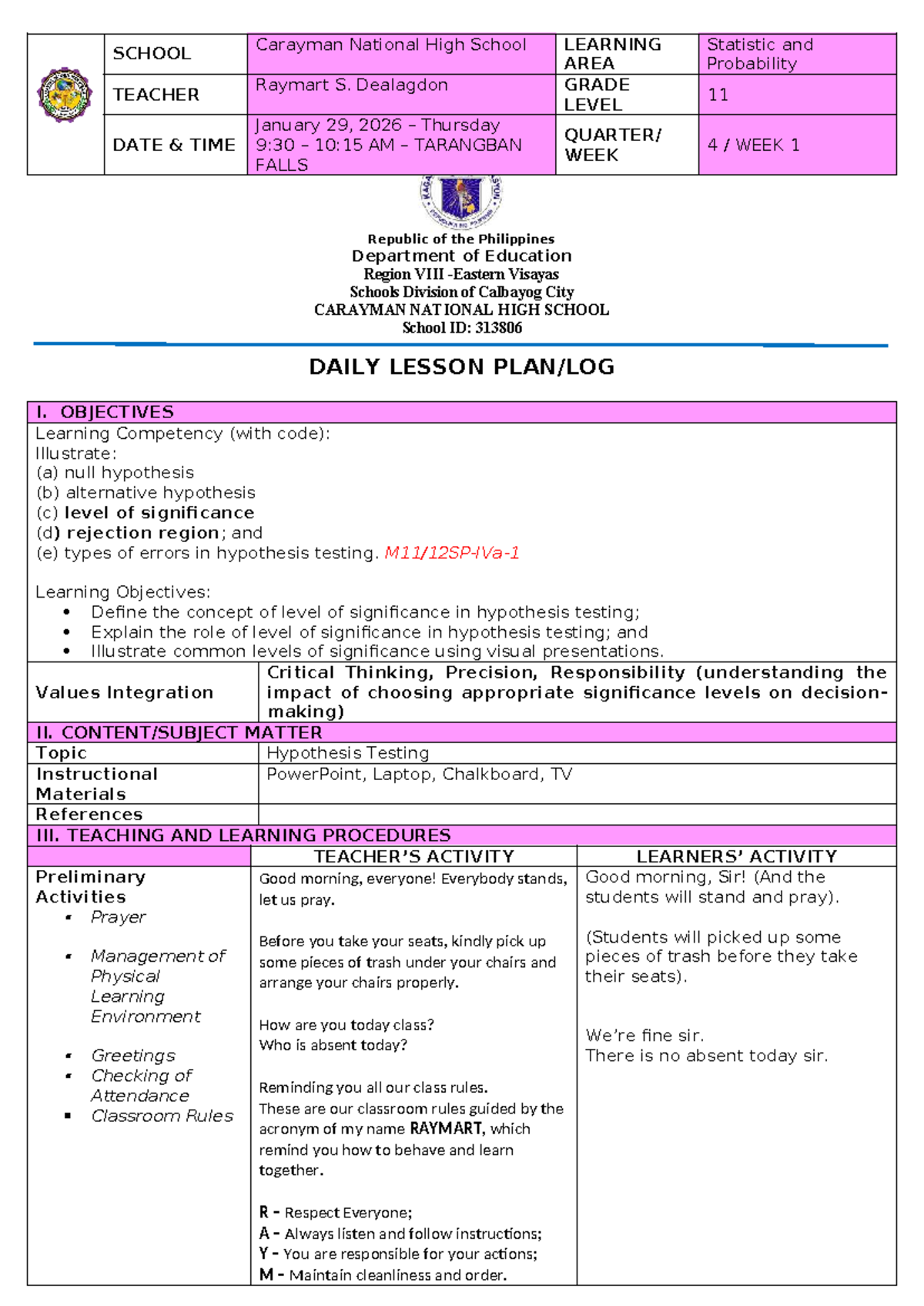 Grade 11 Statistics & Probability: Hypothesis Testing Lesson Plan - Studocu